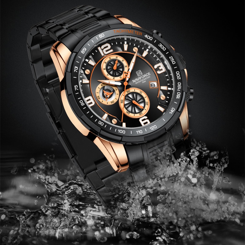 Мъжки часовник Naviforce Whiffler, Хронограф, Неръждаема стомана, Черен ...