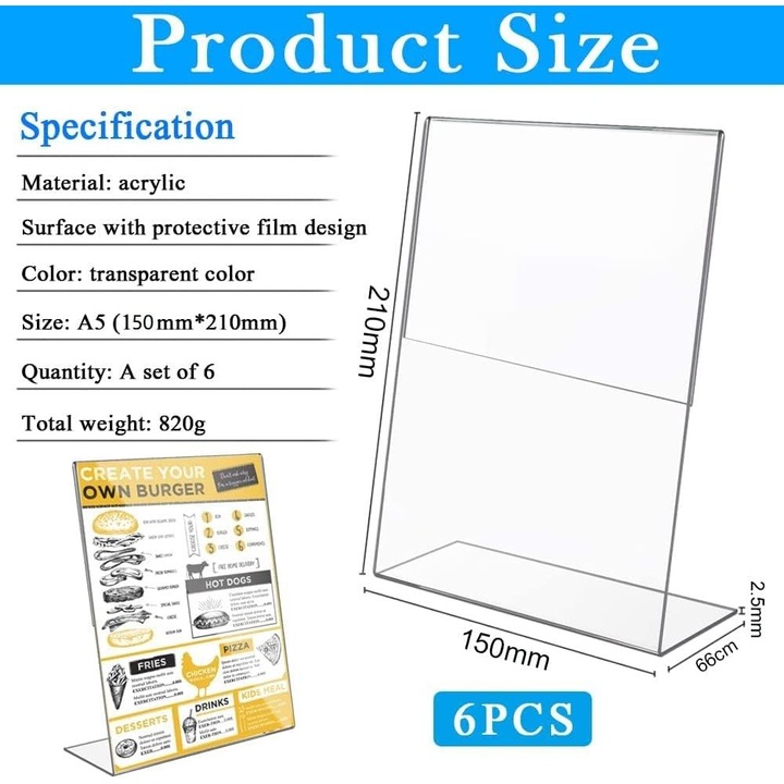 Suport meniu transparent, plastic acrilic, 210x150 mm - eMAG.ro