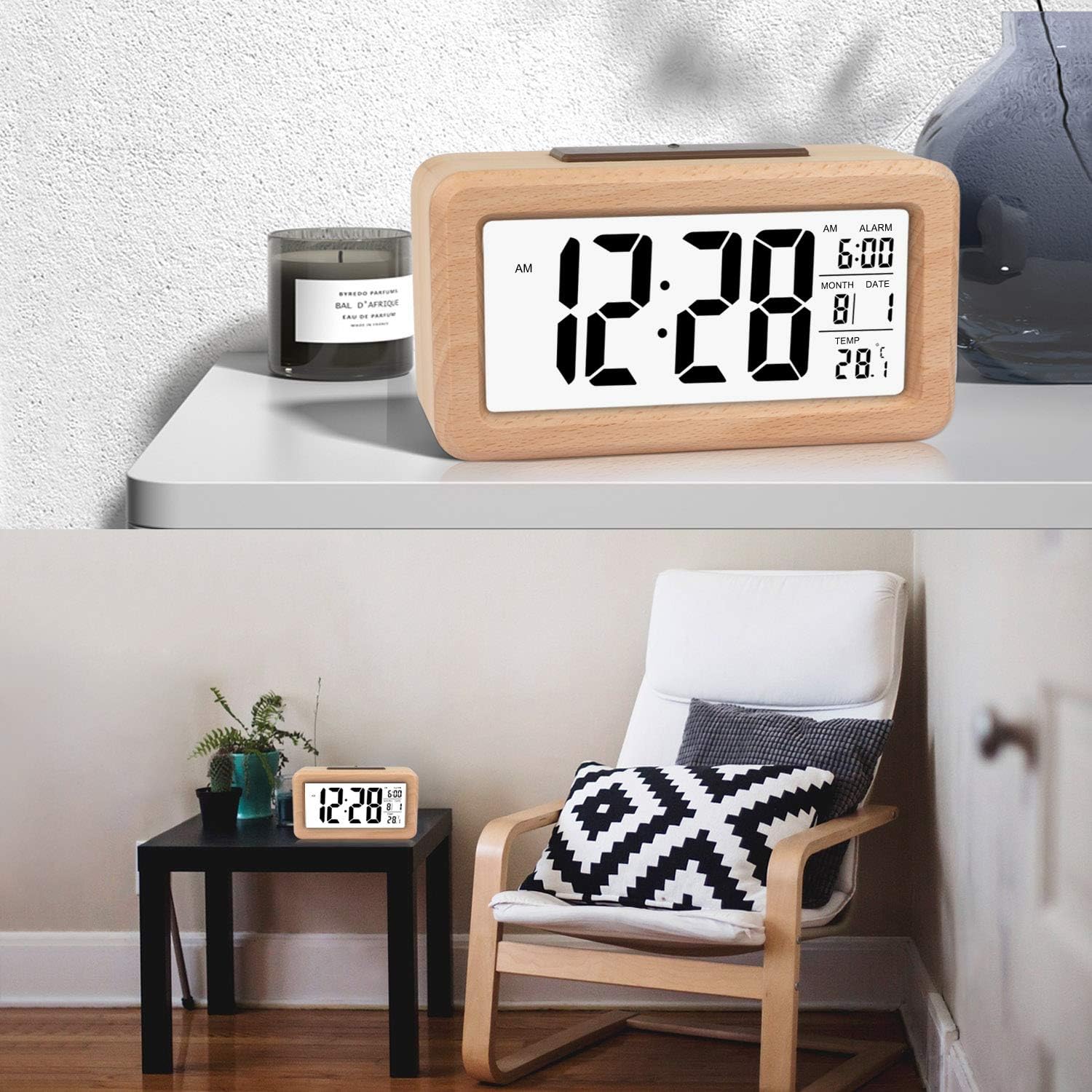 Ceas digital cu alarma DTKID, afisaj LCD mare, din lemn, iluminare cu ...