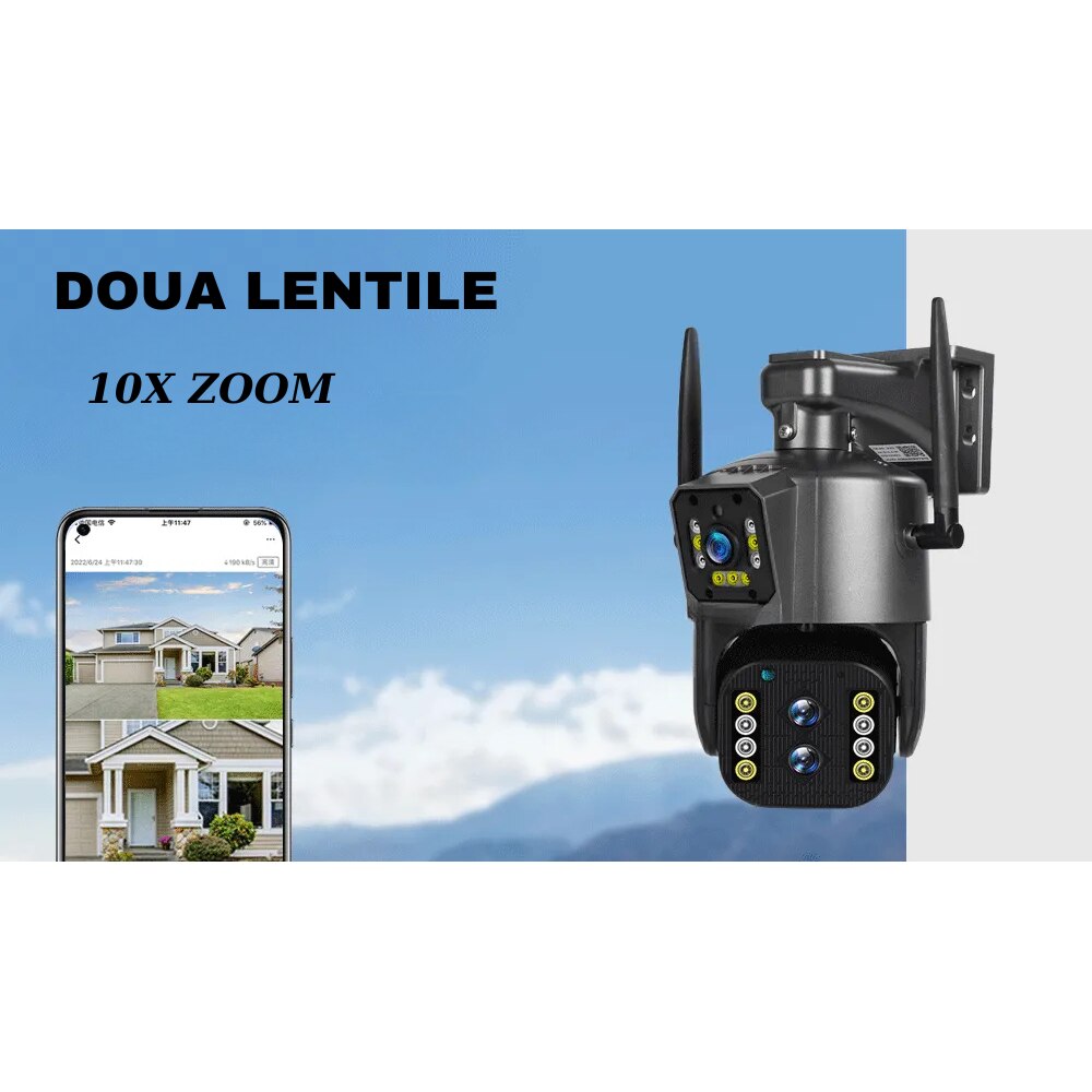 Camera de Supraveghere IP Dubla Profesionala, WI-FI, 4K, 8MP, 1080P ...