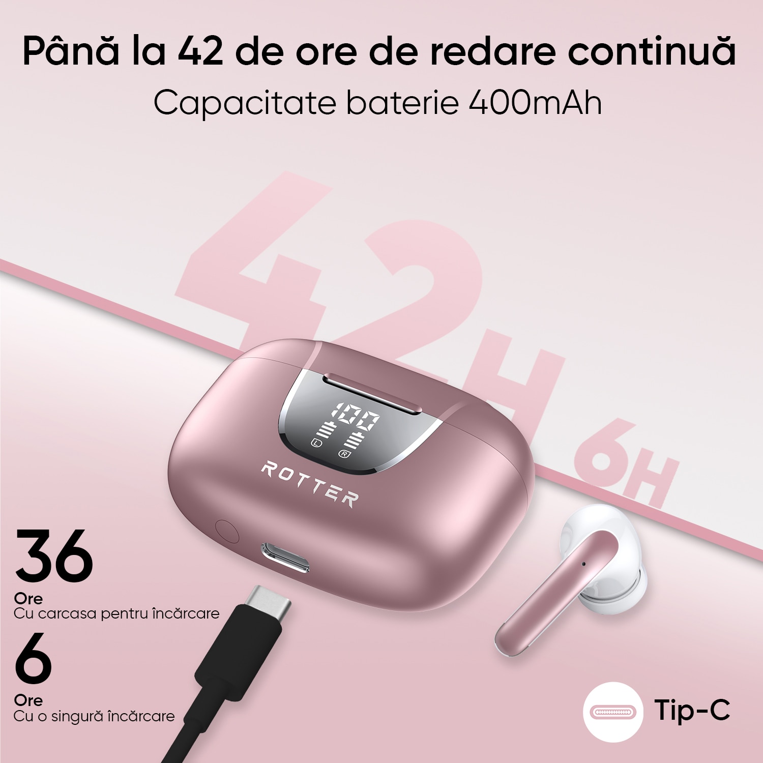 Casti wireless ROTTER®️ cu izolare a zgomotului, In-ear Bluetooth ...