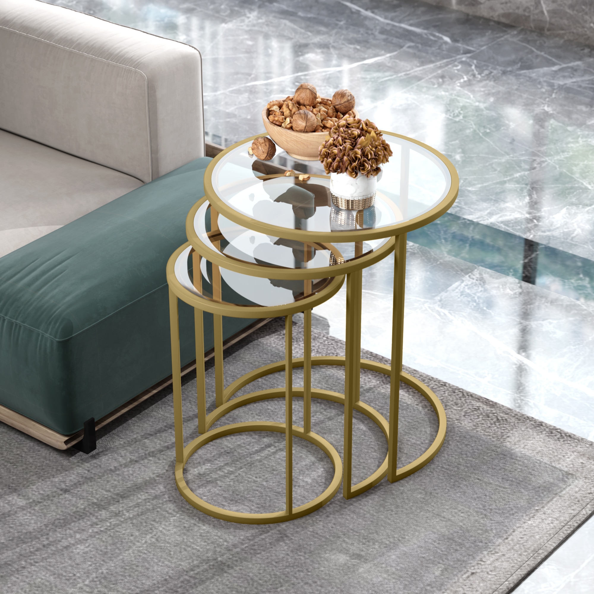 Set 3 masute de cafea rotunde, Marsah Home, 50x52 cm, cadru metalic ...