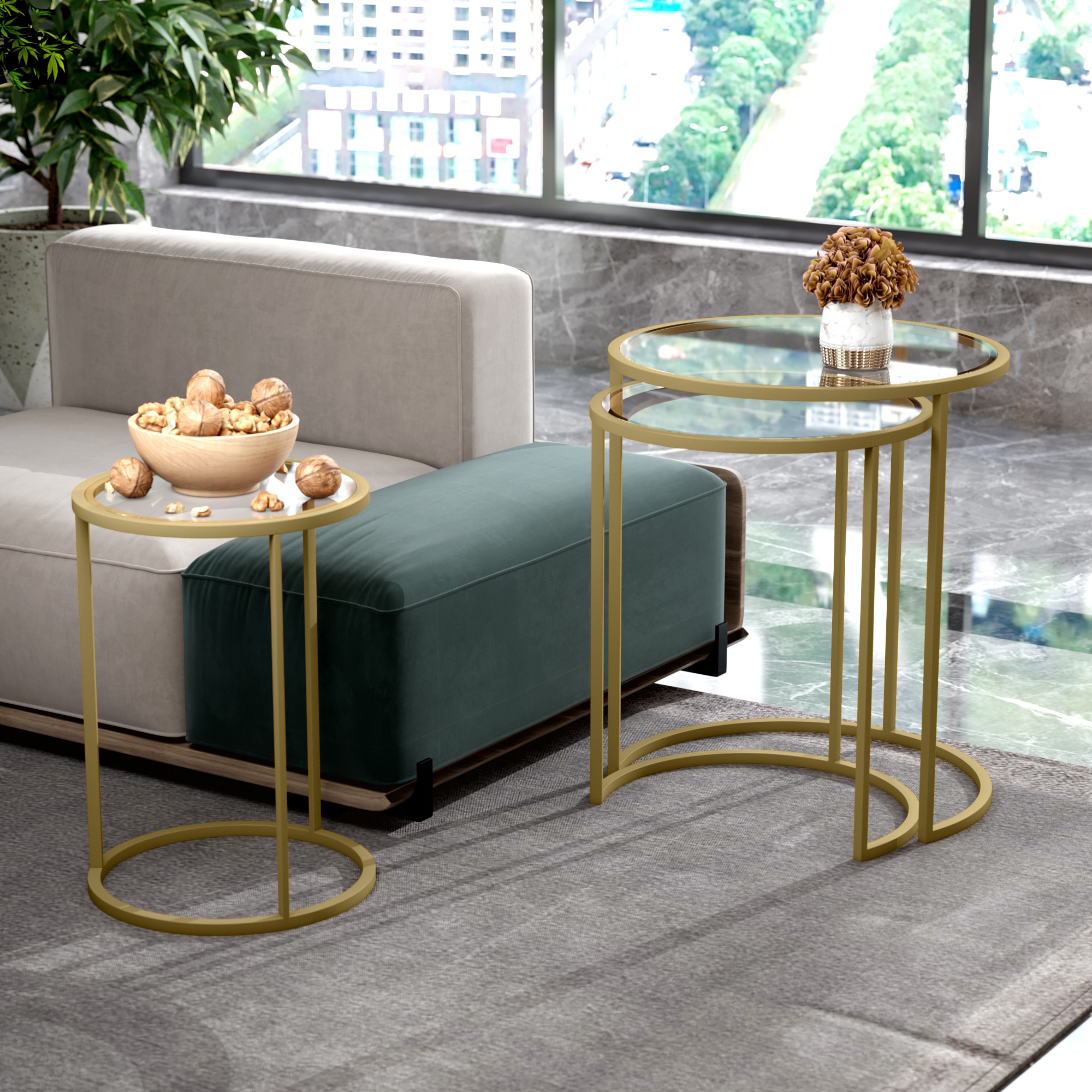 Set 3 masute de cafea rotunde, Marsah Home, 50x52 cm, cadru metalic ...