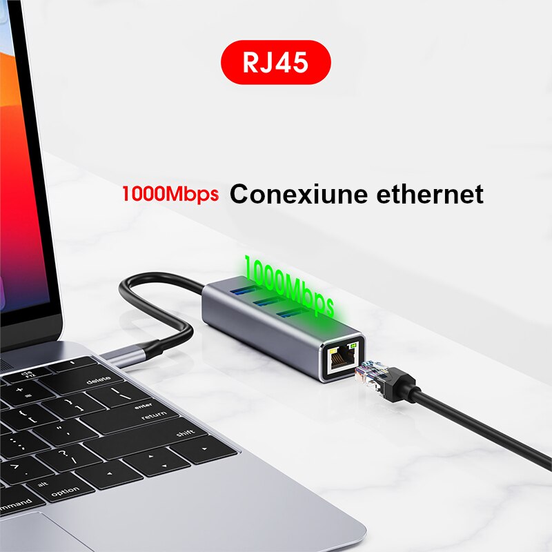 Adaptor Multiport Hub 4 in 1, eRDX®, USB Tip-C, Ethernet RJ45 Gigabit, 3 x USB 3.0 - eMAG.ro