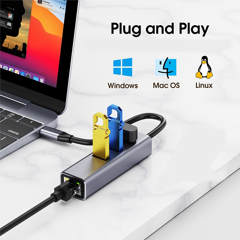 Adaptor Multiport Hub 4 in 1, eRDX®, USB Tip-C, Ethernet RJ45 Gigabit, 3 x USB 3.0 - eMAG.ro