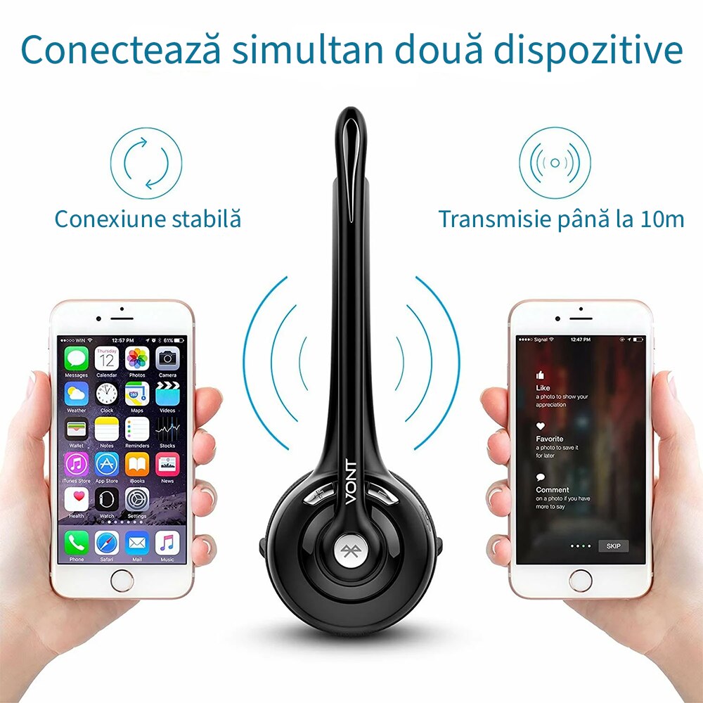 Casca wireless cu microfon VONT, autonomie 12h, Bluetooth 5.0, anulare ...
