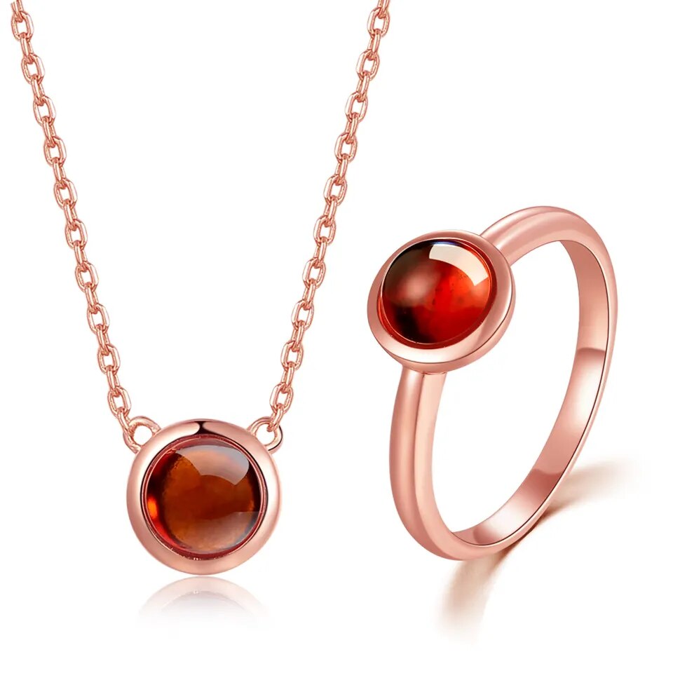 Set de Bijuterii cu Model Rotund si Granat Rosu Natural in Argint 925 - Simbolul Eternitatii si ...