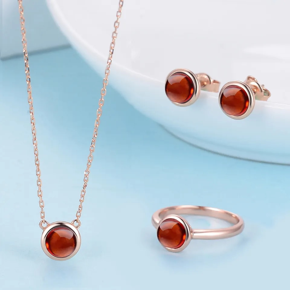 Set de Bijuterii cu Model Rotund si Granat Rosu Natural in Argint 925 - Simbolul Eternitatii si ...