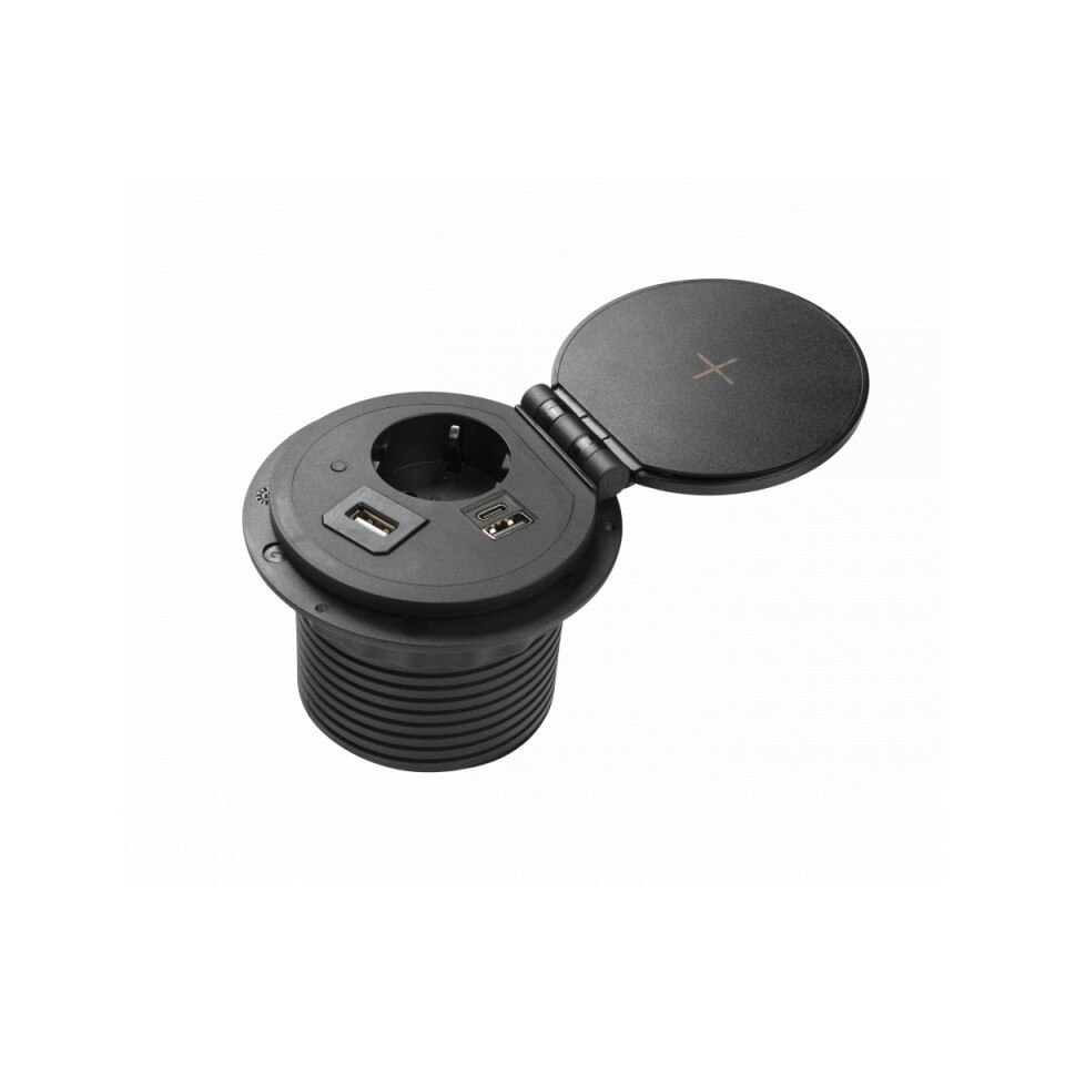 Priza GTV rotunda, 90mm, cu incarcare, neagra, 1xSchuko, USB A+C 5V/2 ...