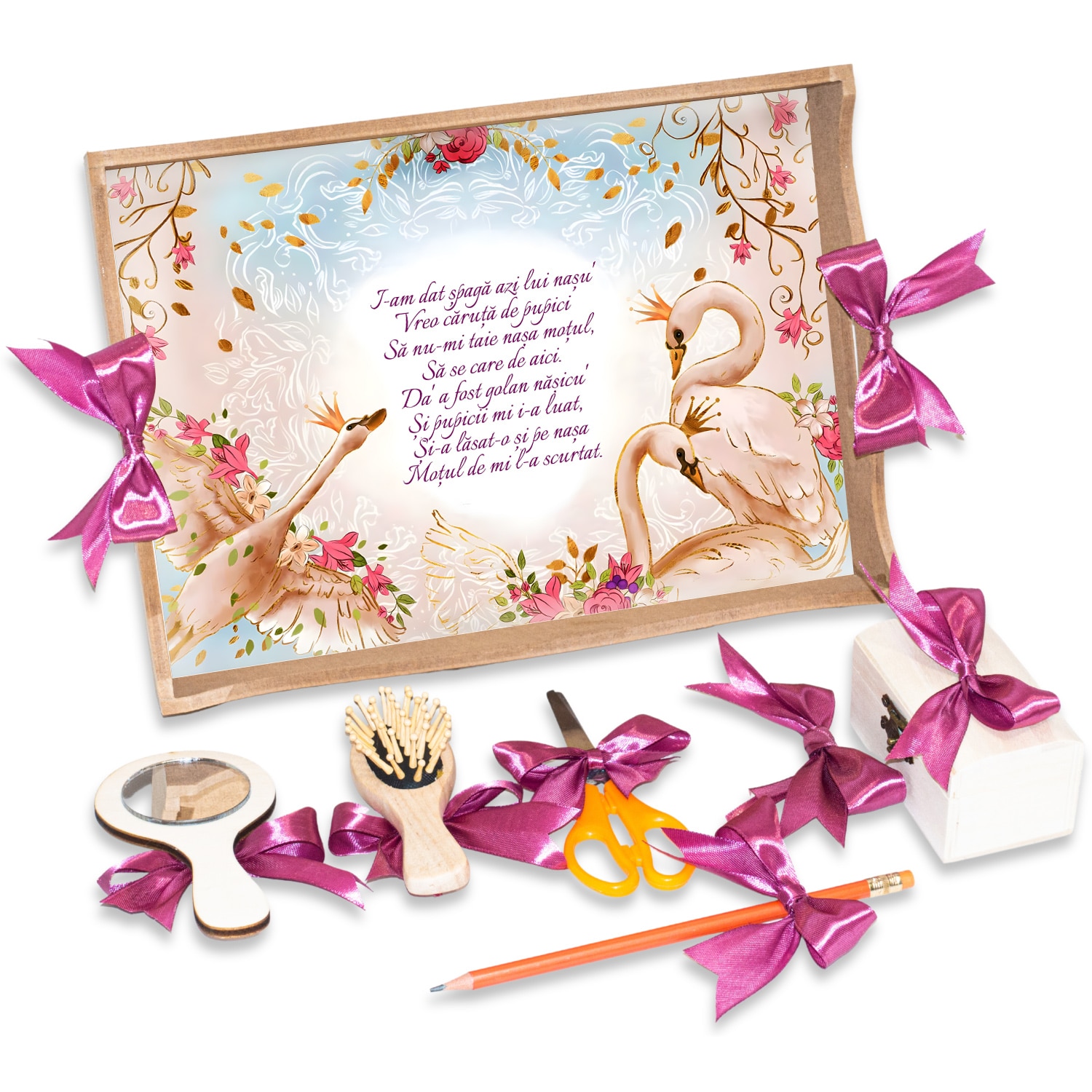 Set Tavita de Taiere Mot si Turta de pentru Fete, Model Lebede cu Flori ...