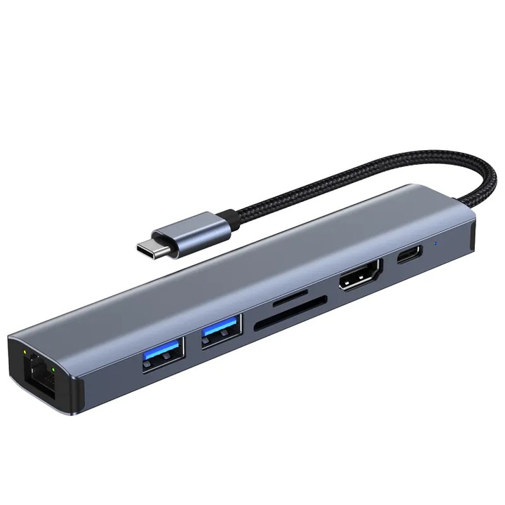 Adaptor Multiport Hub 7 in 1, eRDX®, USB Tip-C, Ethernet RJ45 Gigabit ...