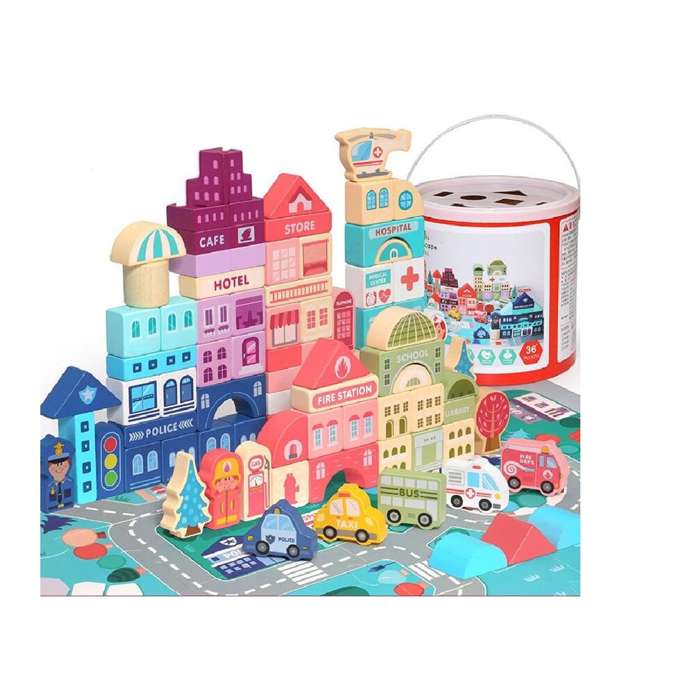 Set constructie cuburi din lemn natural 120 piese „Oraselul din Lemn ...