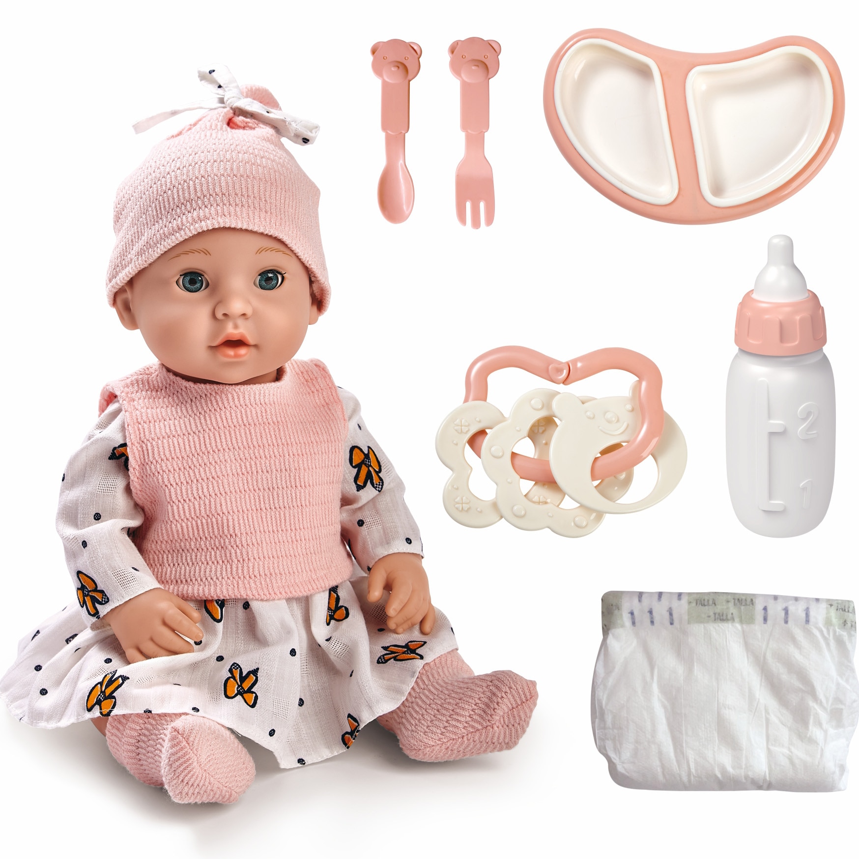Mappy baba 40 cm, 6 tartozék: pelenka, csörgő, üveg, tányér és ...