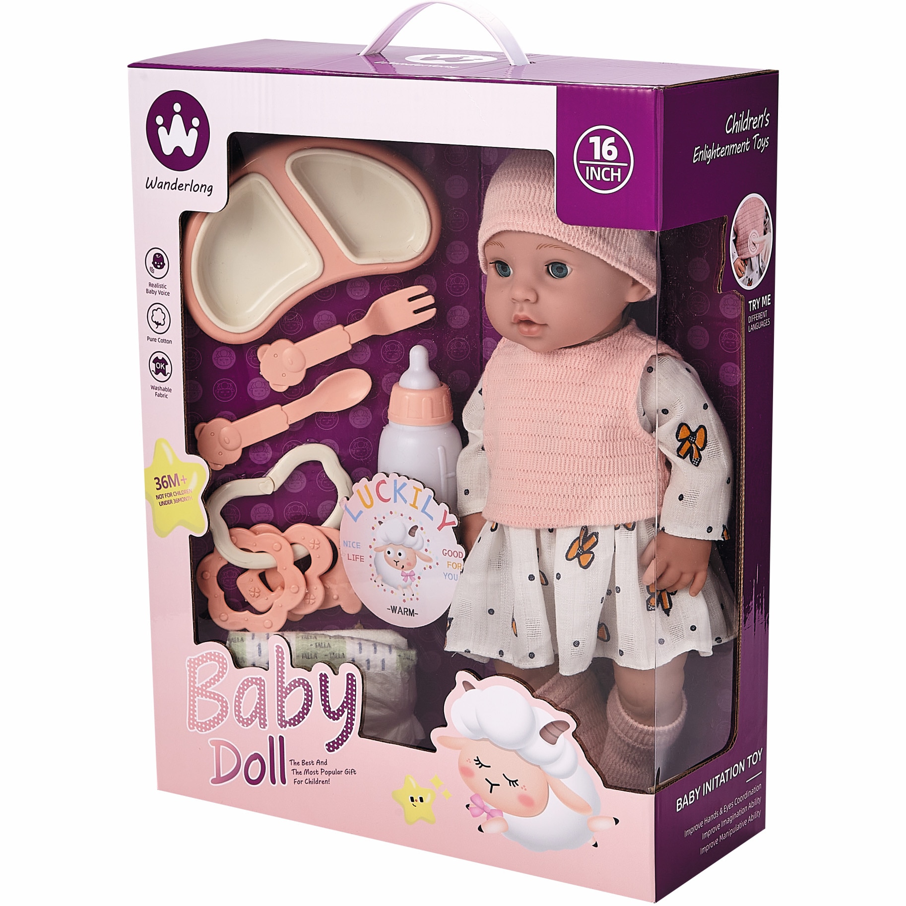 Mappy baba 40 cm, 6 tartozék: pelenka, csörgő, üveg, tányér és ...