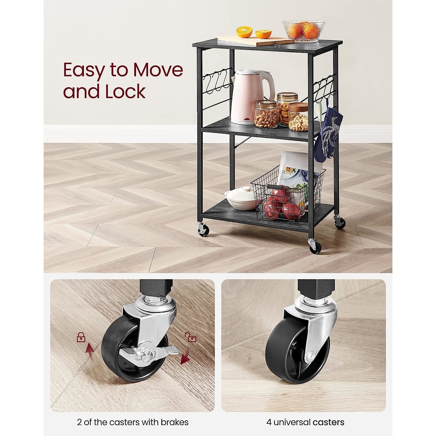 Raft de bucatarie cu roti VASAGLE, cu 3 niveluri, 6 carlige, pentru ...