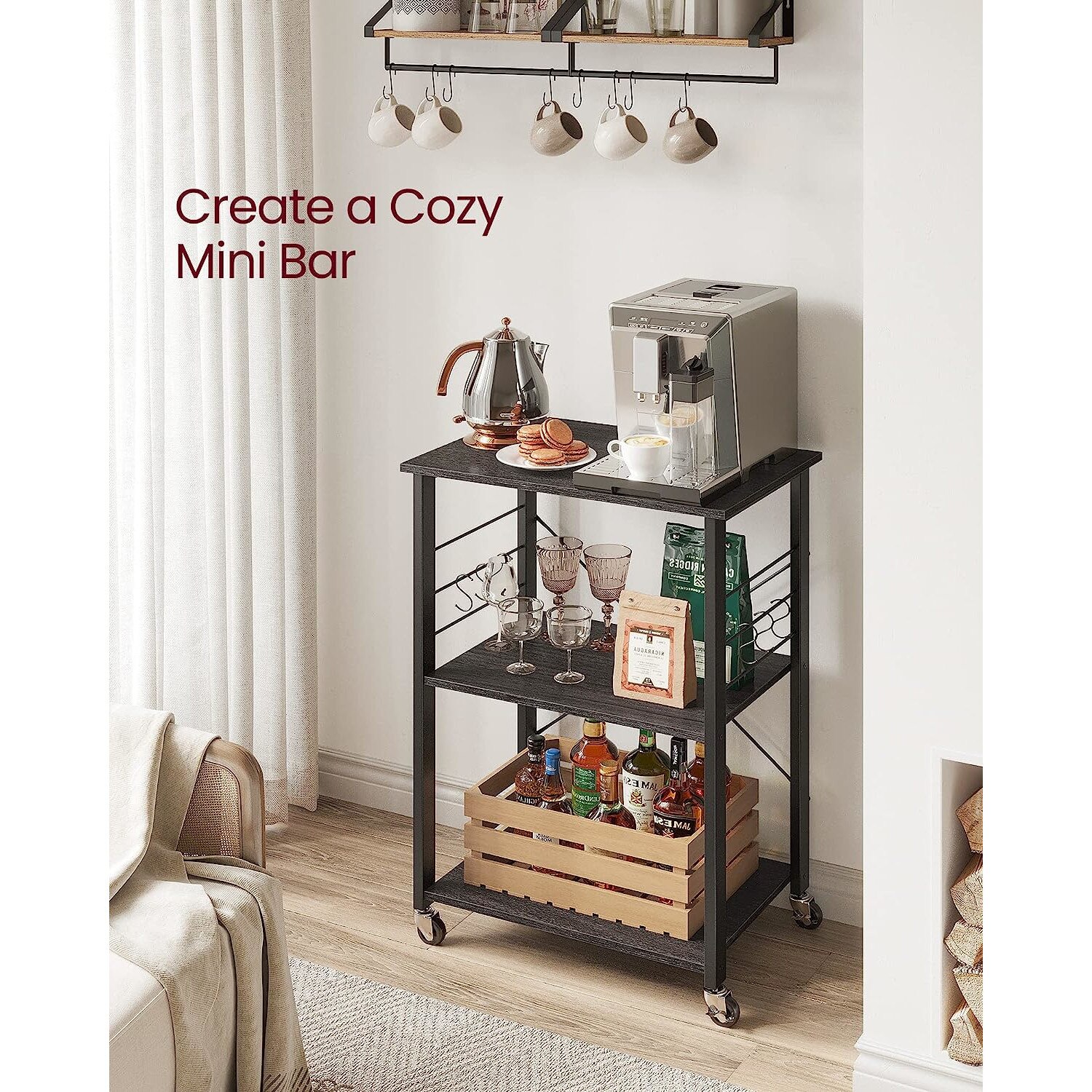 Raft de bucatarie cu roti VASAGLE, cu 3 niveluri, 6 carlige, pentru ...