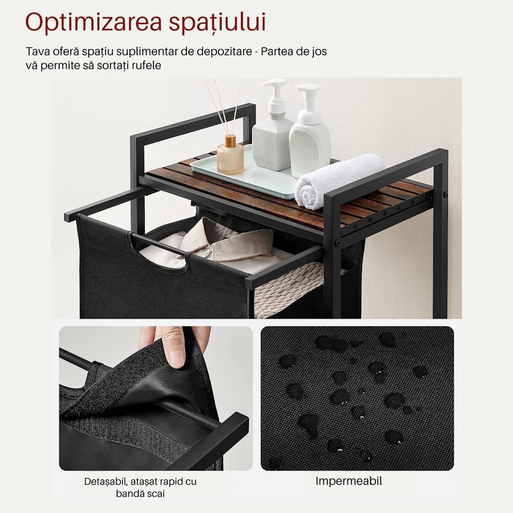 Cos de rufe VASAGLE, cu sac detasabil de 65L, raft superior, cadru ...