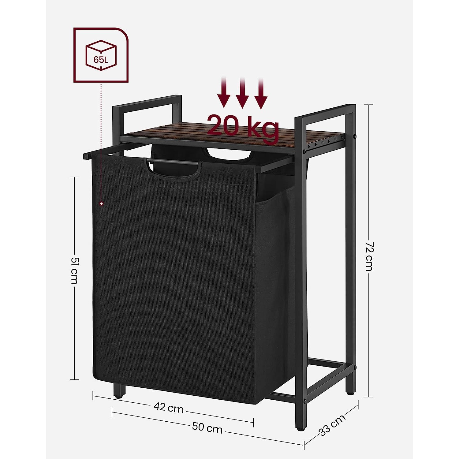 Cos de rufe VASAGLE, cu sac detasabil de 65L, raft superior, cadru ...