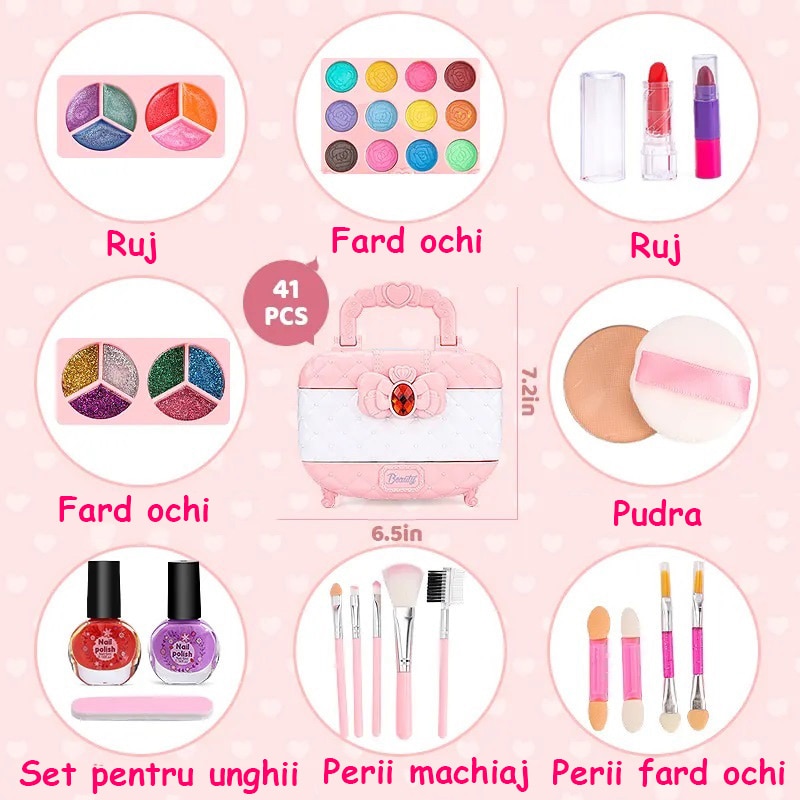 Trusa de machiaj pentru copii WePro Store, fard de pleoape in 12 culori, lac de unghii, oglinda ...