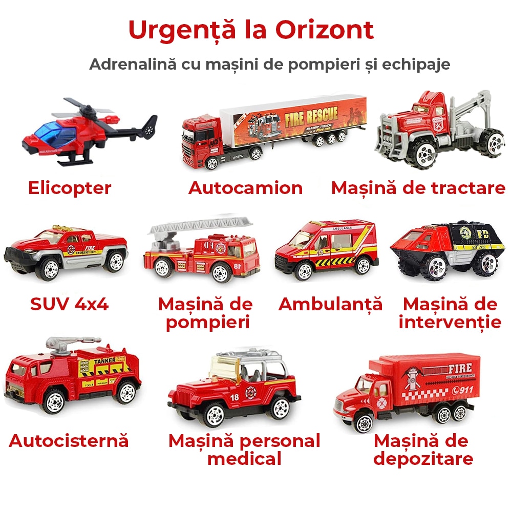 Set camion trailer de jucarie pentru transport, seria pompieri ...