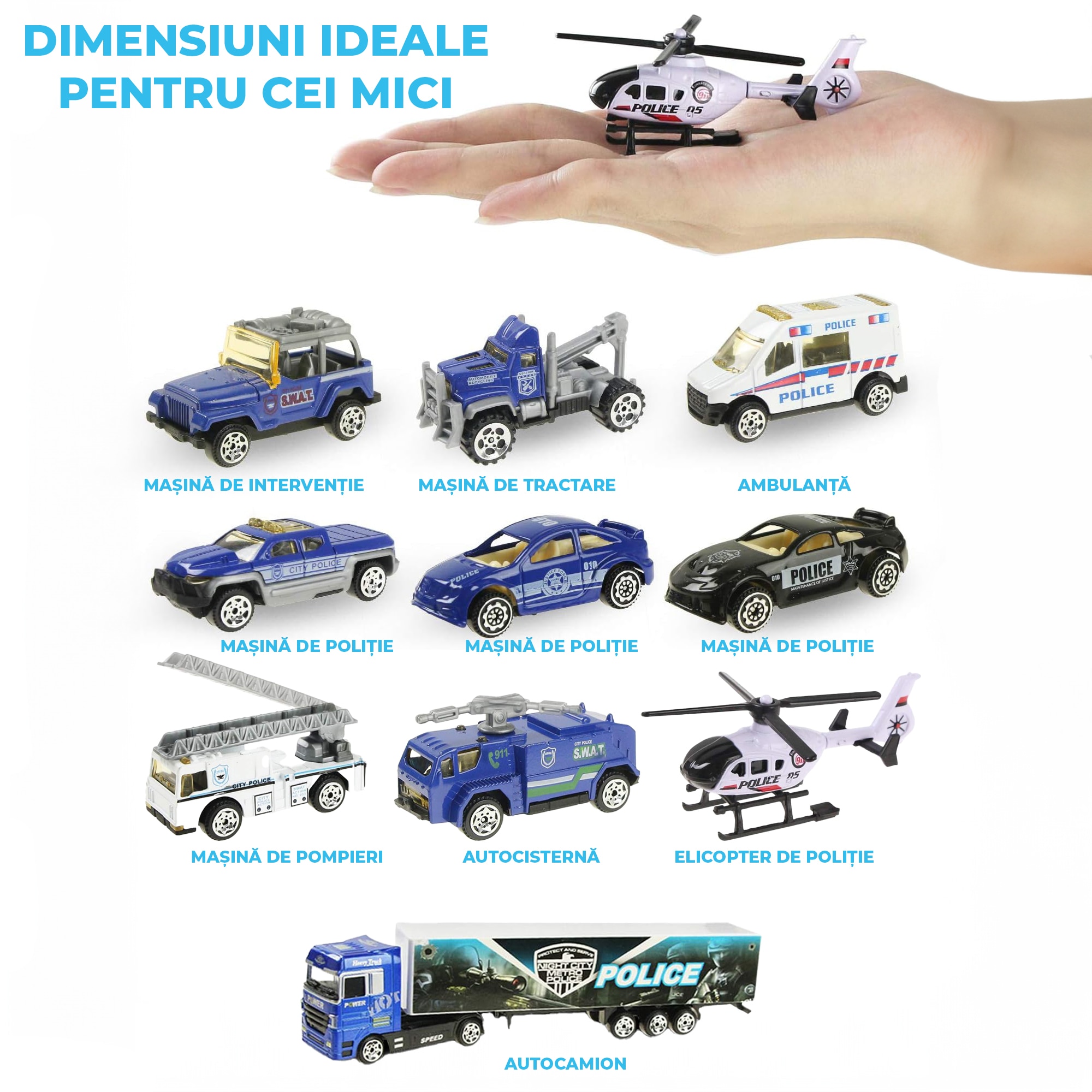 Set camion trailer de jucarie pentru transport, seria politie, masinute ...