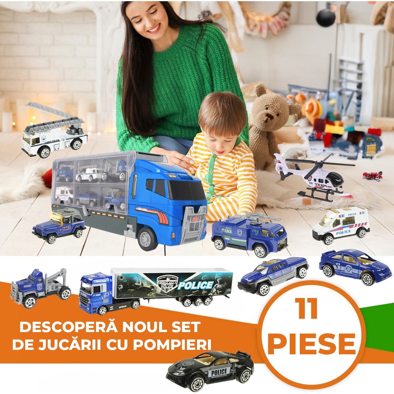 Set camion trailer de jucarie pentru transport, seria politie, masinute ...