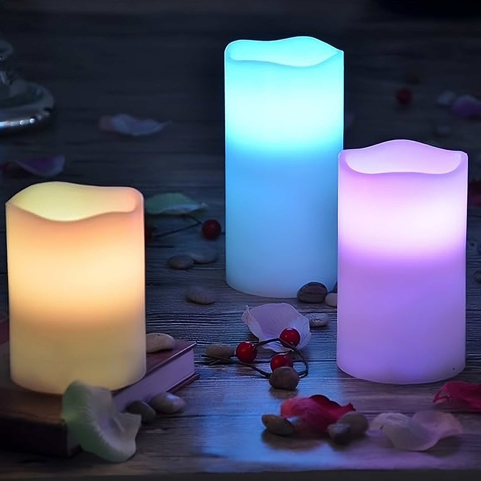 Set 3 lumanari iluminate cu led, 12 culori, telecomanda inclusa - eMAG.ro