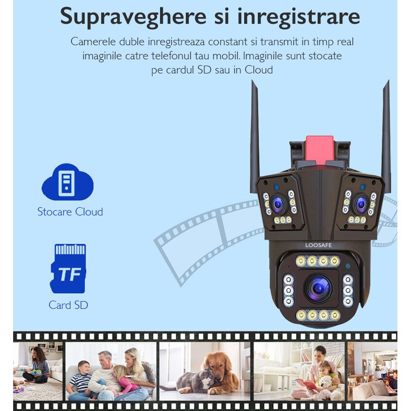 Camera de Supraveghere Tripla WIFI Loosafe® P30 Pro, 12MP, Exterior ...