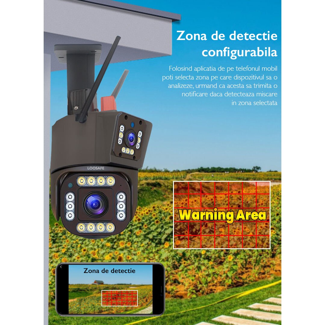 Camera de Supraveghere Tripla WIFI Loosafe® P30 Pro, 12MP, Exterior ...