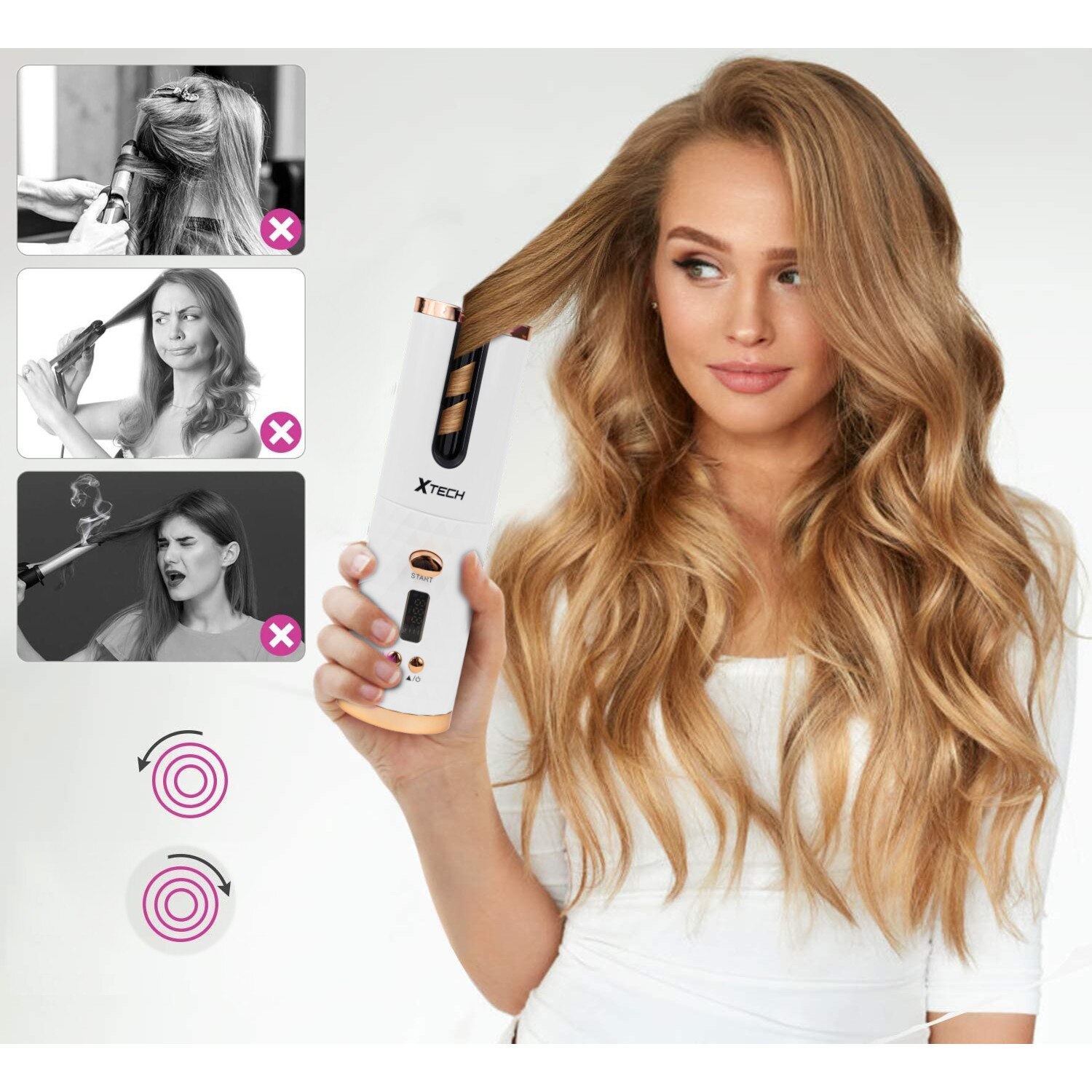 Ondulator par, Xtech, Automatic, Ceramica, 200 grade, Alb/Auriu - eMAG.ro