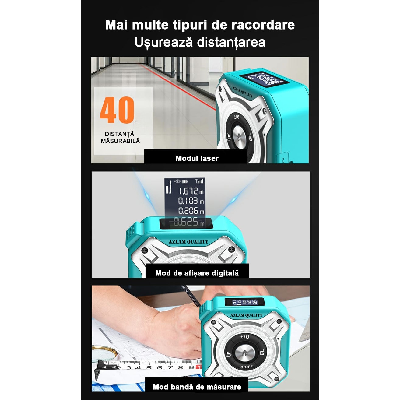 Ruleta Profesionala de Masurare cu Laser, 3 in 1, Banda masurare 5 m ...