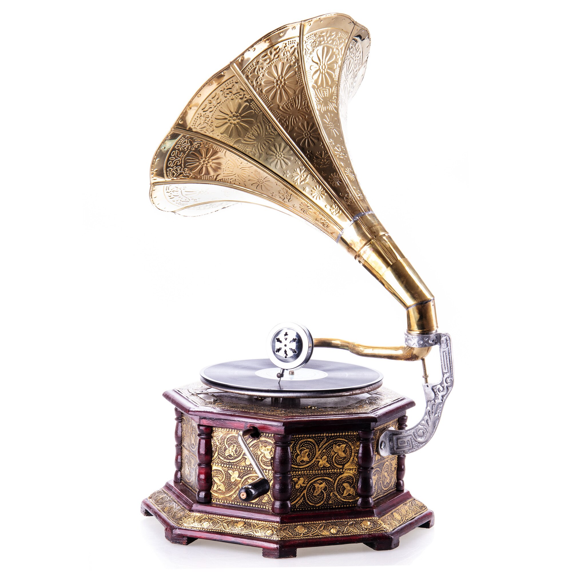 Gramofon mecanic octogonal, cu manivela, din lemn cu palnie si ...
