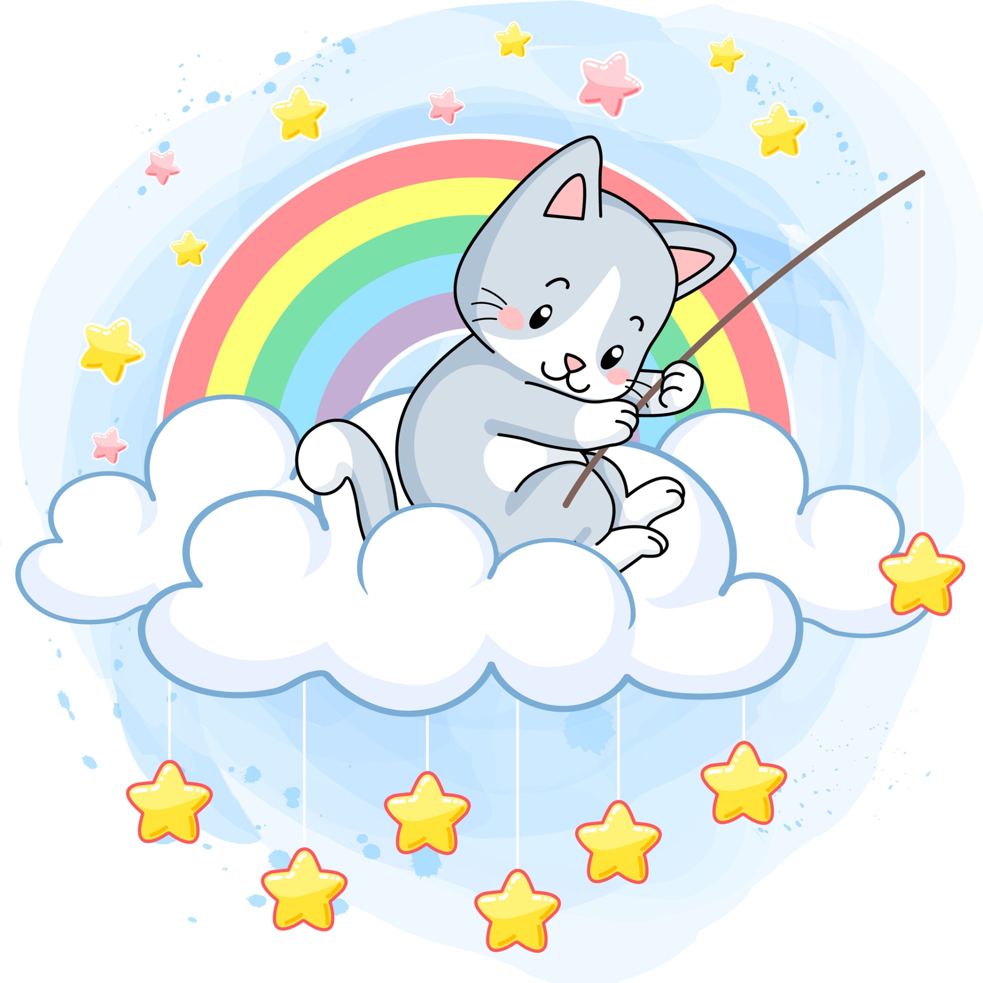 Sticker decorativ pentru copil, baby pisicuta cu stelute si curcubeu ...