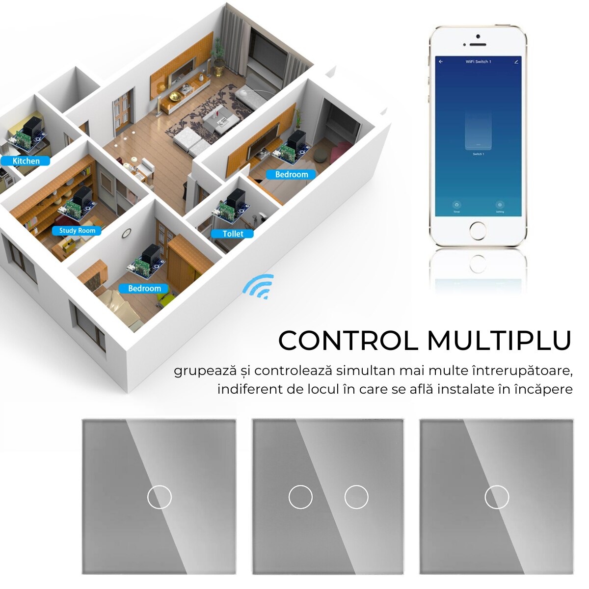 Intrerupator smart cu touch, Wi-Fi, Bluetooth, Control vocal, Smart ...