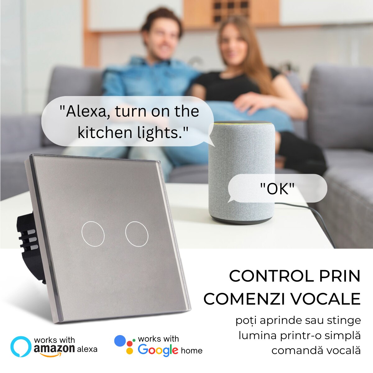 Intrerupator smart cu touch, Wi-Fi, Bluetooth, Control vocal, Smart ...