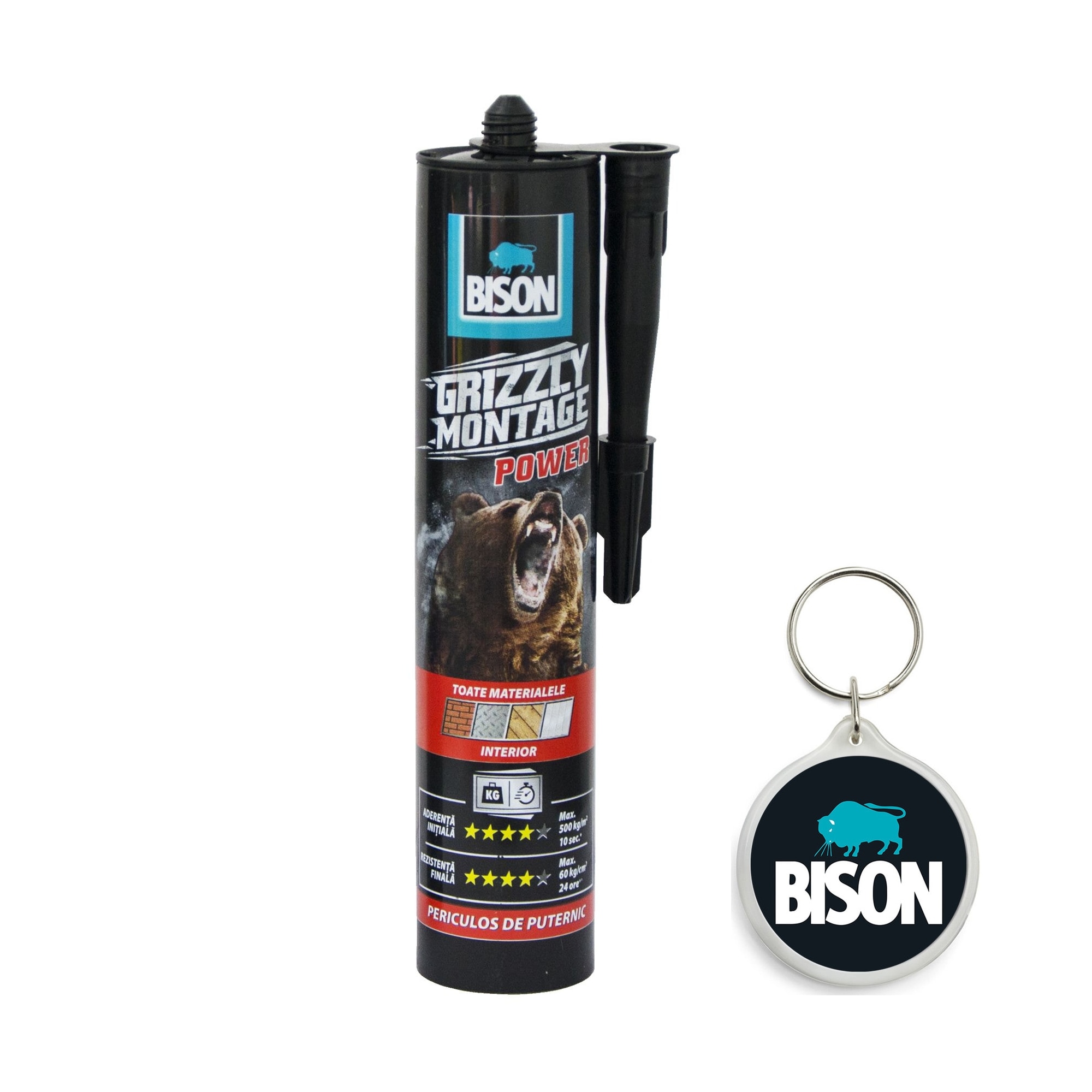 Set adeziv Grizzly Montage Power de asamblare si montaj, universal, 370 g si breloc Bison, crem ...