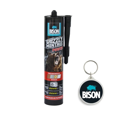 Set adeziv Grizzly Montage Power de asamblare si montaj, universal, 370 g si breloc Bison, crem ...