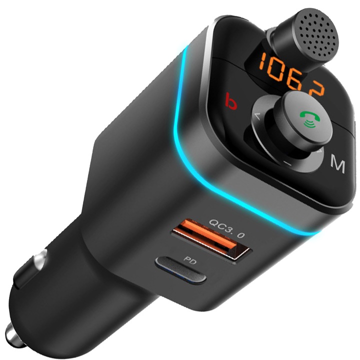 FM modulátor, Bluetooth 5.0, FM adó autós töltő funkcióval, gyorstöltés ...