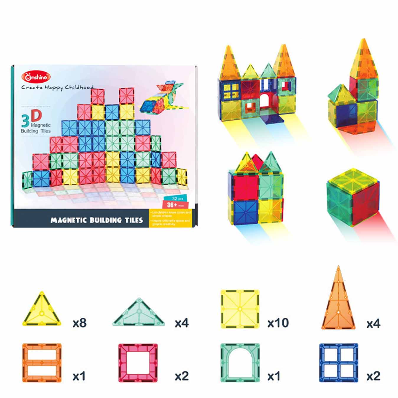 Set piese magnetice 3D Magnetic Building Tiles, 32 piese, 29 cm x 26 cm ...