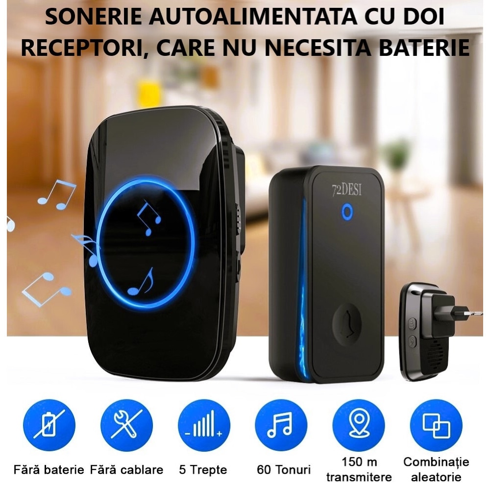 Sonerie electrica auto-generata 72DESI, fara fire si baterii, pachet ...