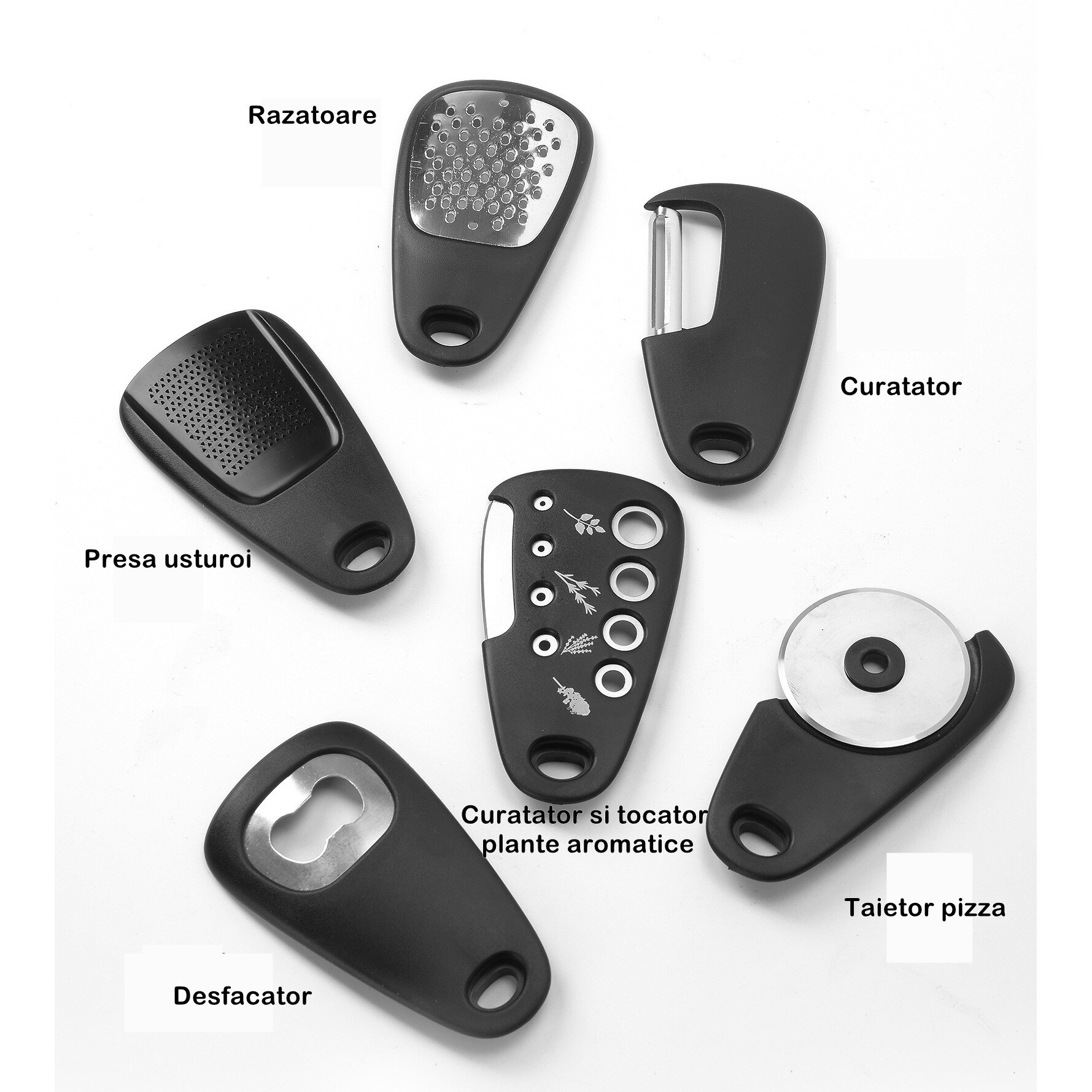 Set 6 in 1 mini ustensile bucatarie Flippy, taietor pizza, cutit ...