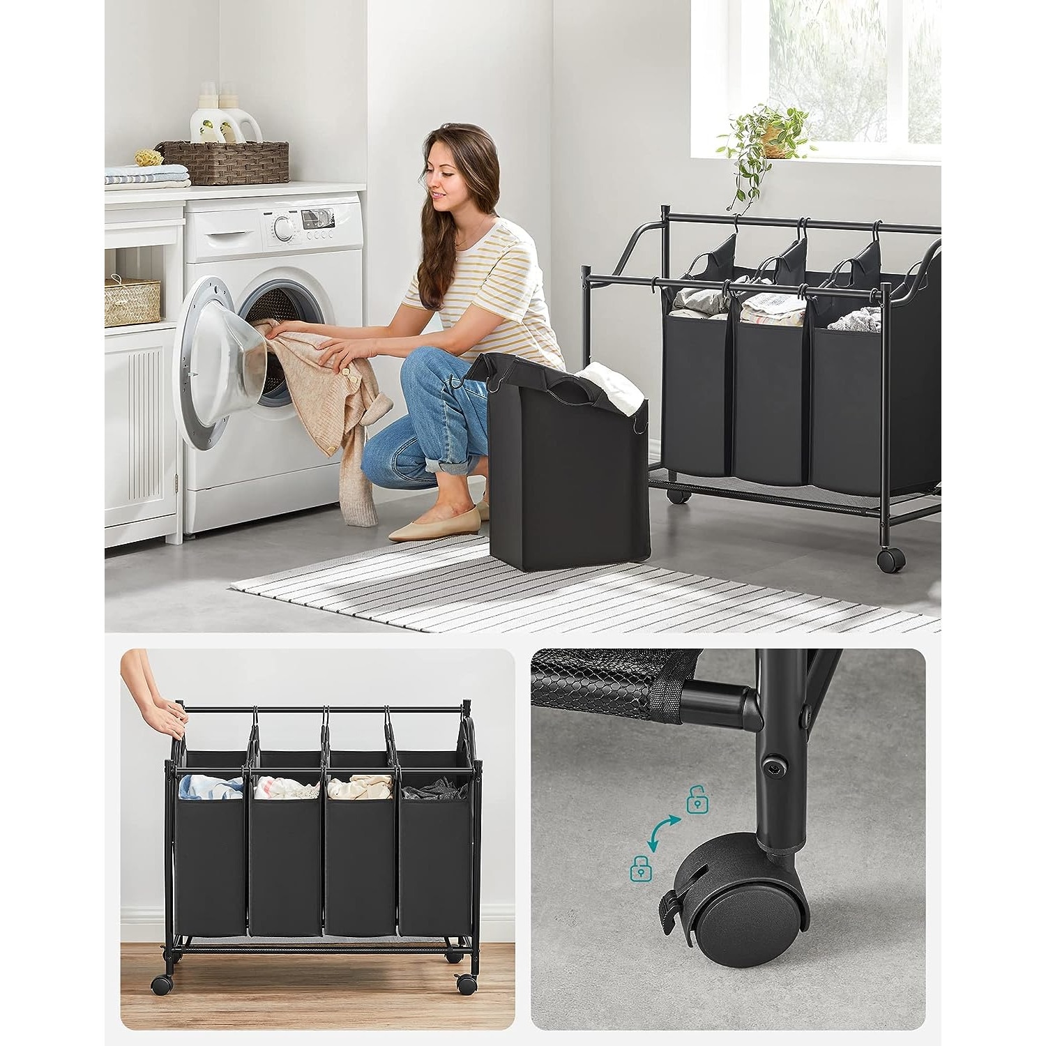 Cos de rufe cu 4 compartimente detasabile, portabil cu 4 roti, 4 x 35 L ...