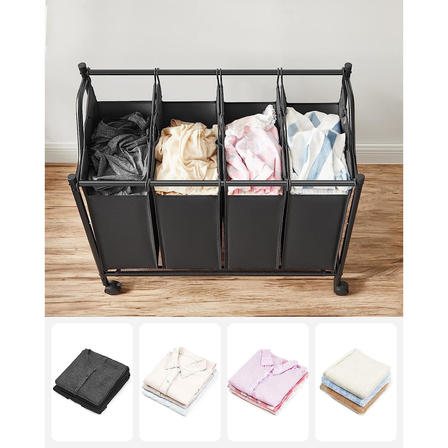 Cos de rufe cu 4 compartimente detasabile, portabil cu 4 roti, 4 x 35 L ...