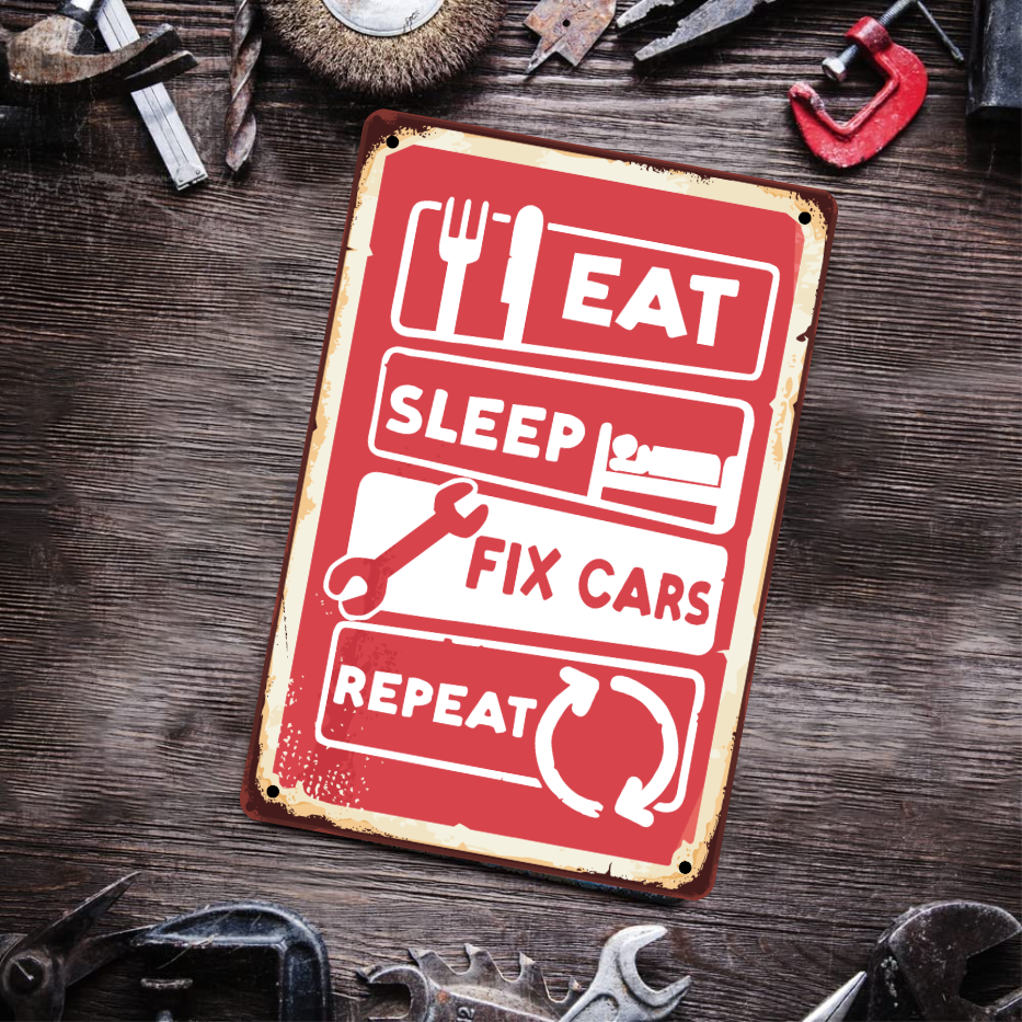 Метална табела, Eat sleep fix cars repeat, 27.7х18.5см - eMAG.bg