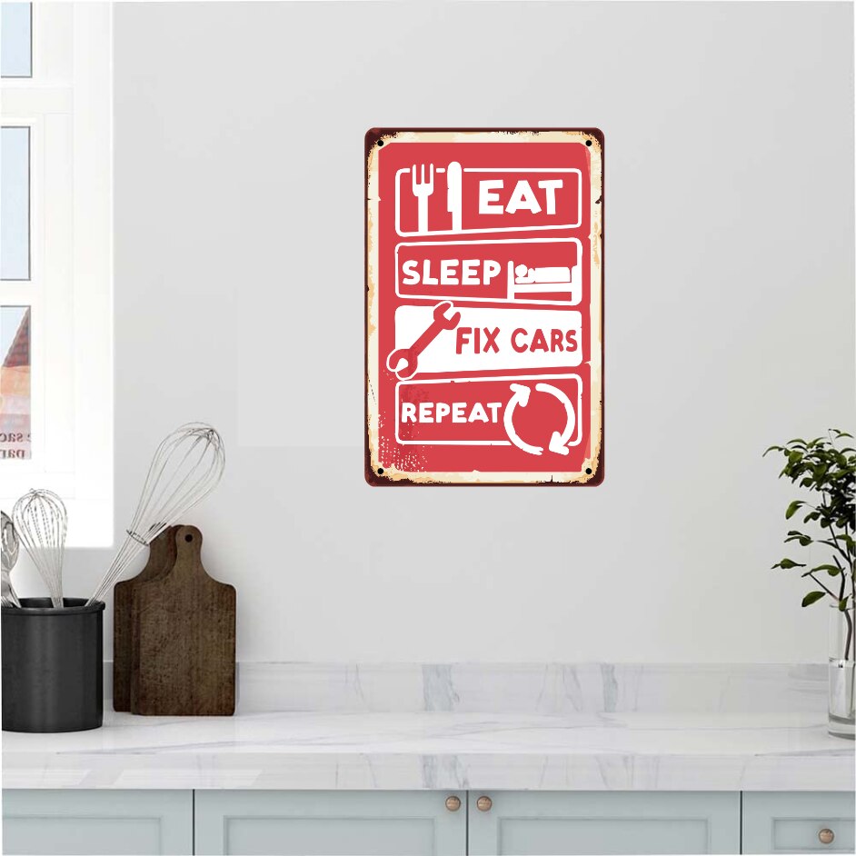 Метална табела, Eat sleep fix cars repeat, 27.7х18.5см - eMAG.bg