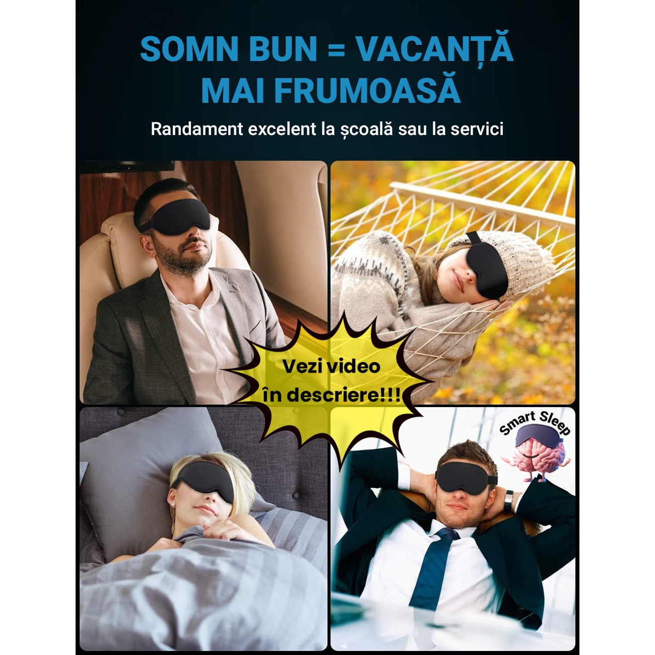 Masca pentru somn 3D spuma memorie, blocheaza Total lumina, protectie ...