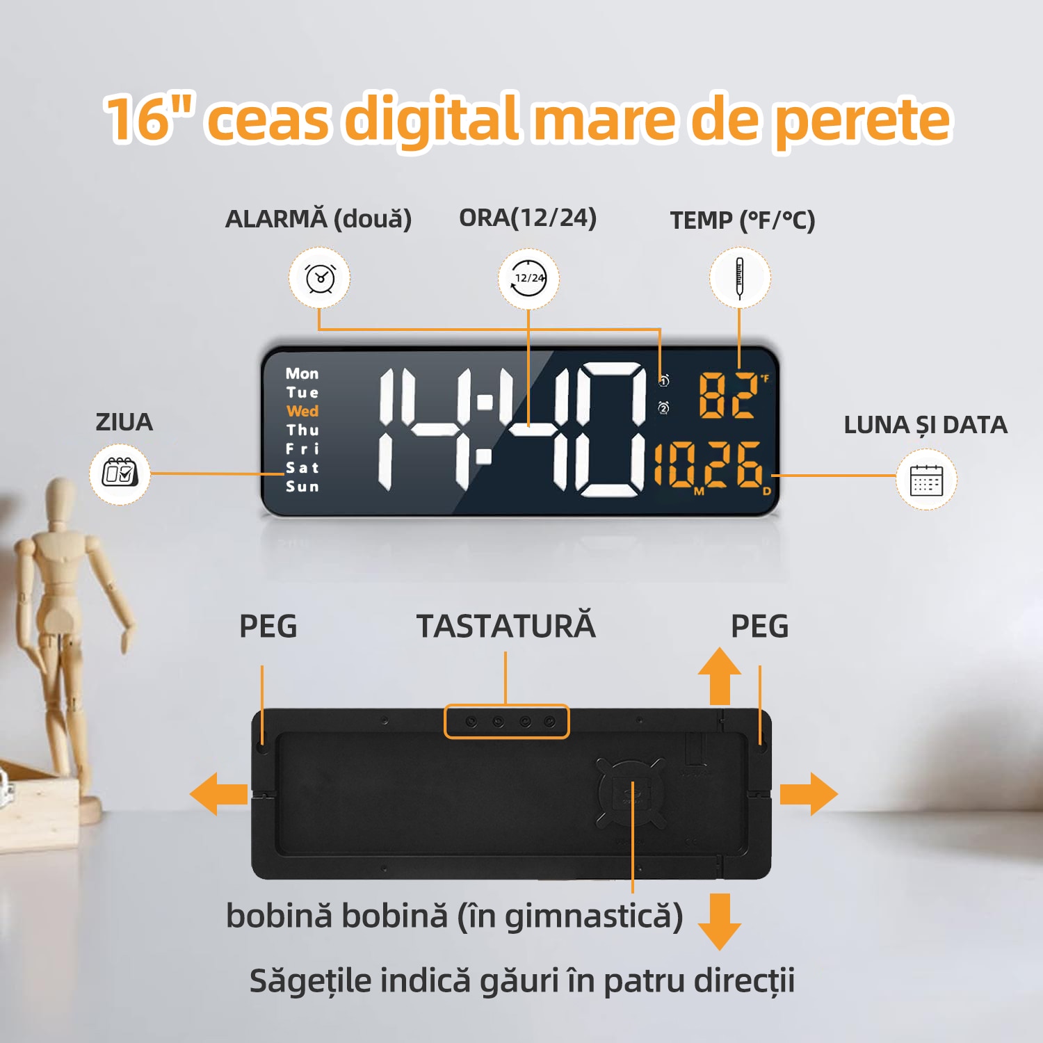 Ceas Digital de Perete cu Led, SDLOGAL, Ecran mare de 16 inchi cu telecomanda, Calendar ...