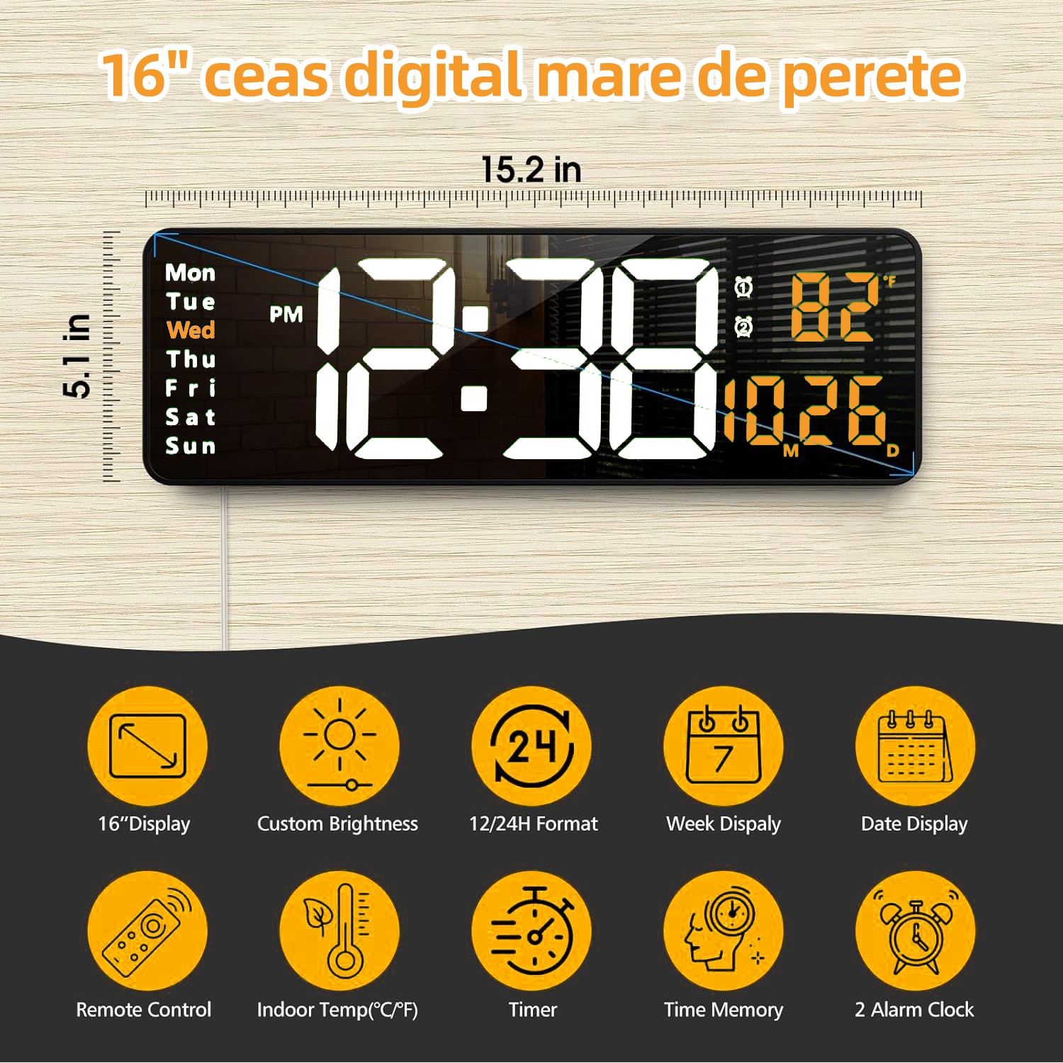 Ceas Digital de Perete cu Led, SDLOGAL, Ecran mare de 16 inchi cu ...