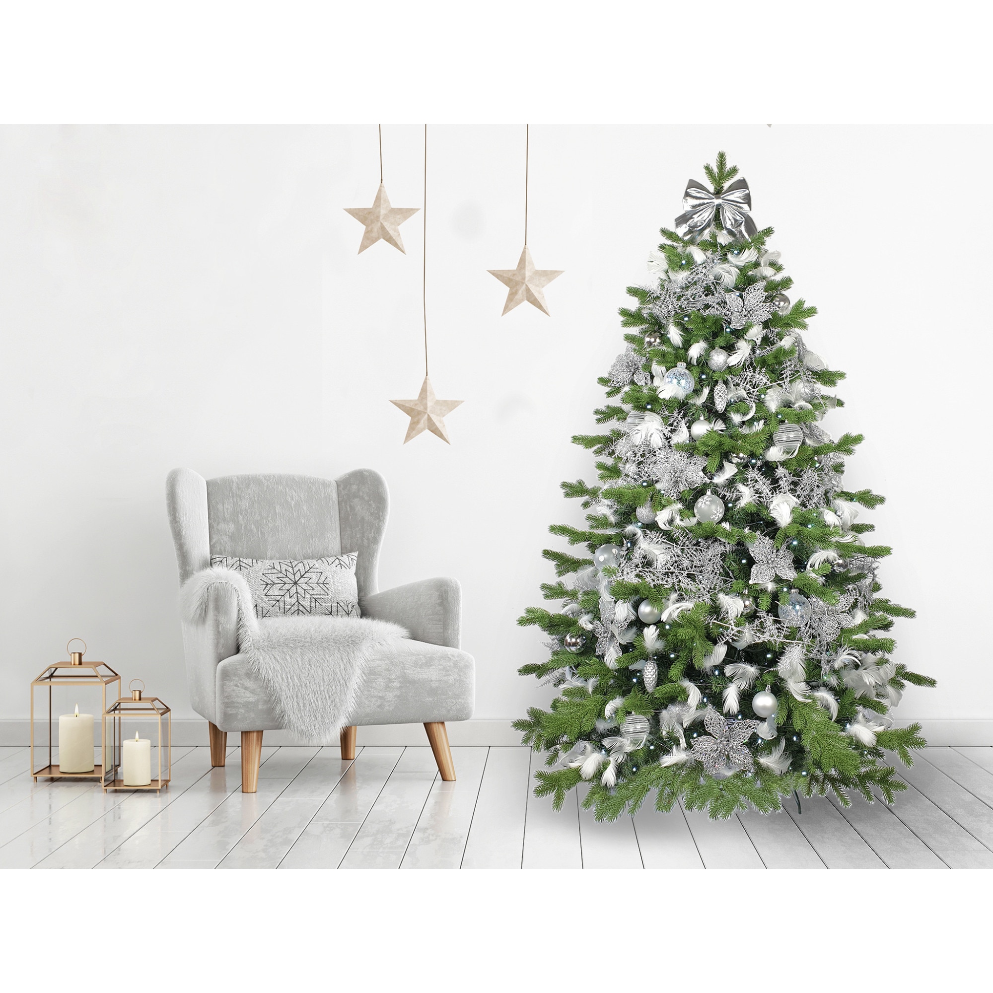 Set 93 ornamente pentru brad, Plastic/Textil, Argintiu/Alb - eMAG.ro