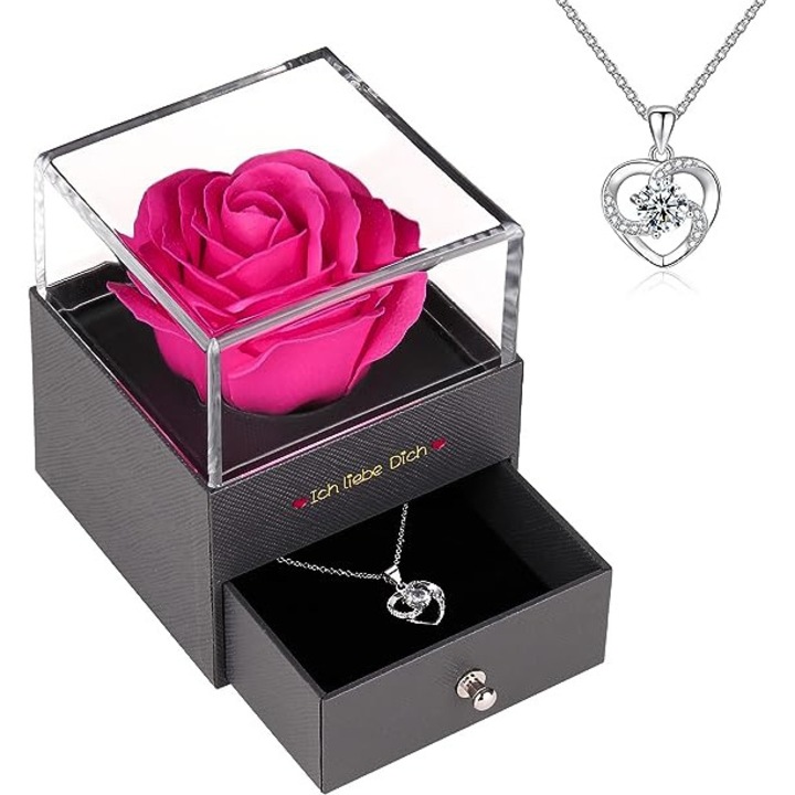 Trandafir Criogenat Sapun, Set cu Colier Inima Te iubesc in 100 de ...